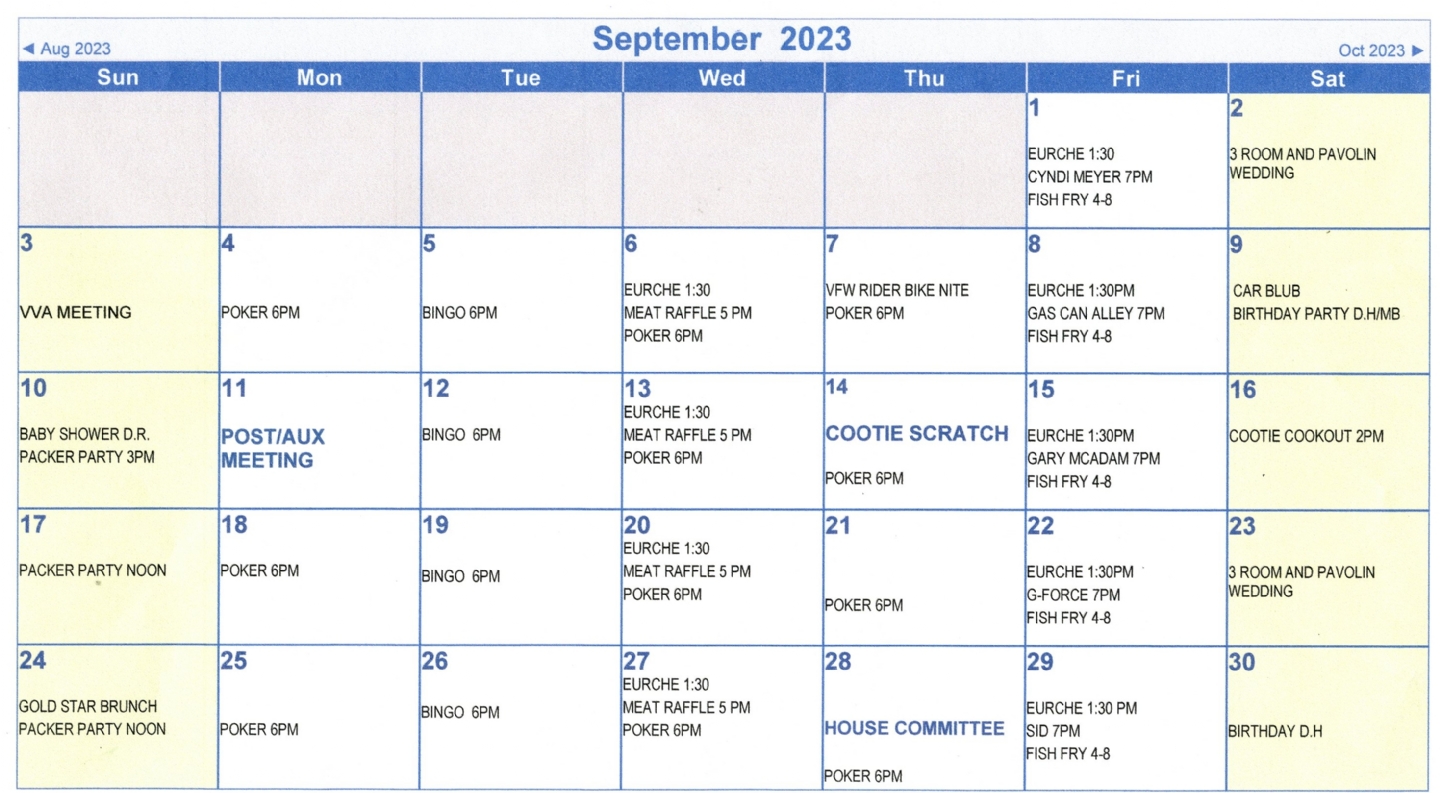 September Calendar - All Events & Bookings.